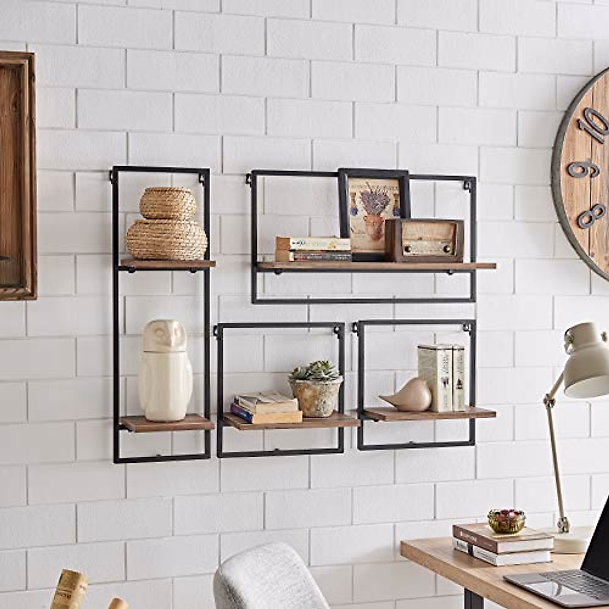 UKN Framed Wall Art 4-Piece Rustic Industrial Shelf Set Brown MDF Wood Finish Includes Hardware