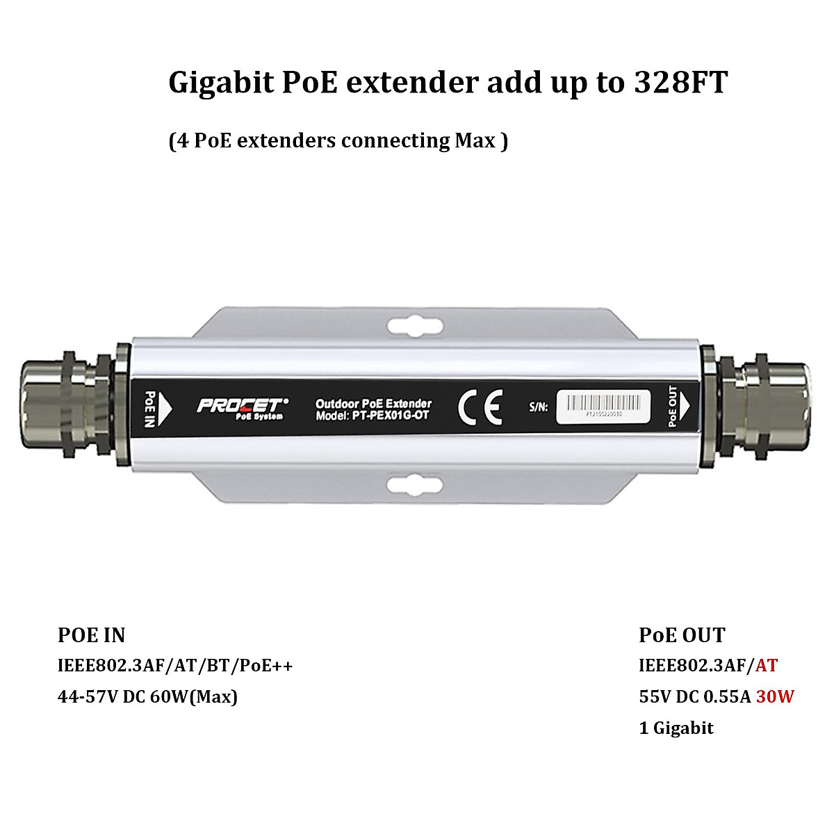 PROCET Gigabit PoE Extender Outdoor, Aluminum Alloy IP67 PoE Repeater, Output 802.3af/at, 6KV Surge Protection, Expand 328FT, Wide Working Temp -40℉ to 149℉, PT-PEX01G-OT