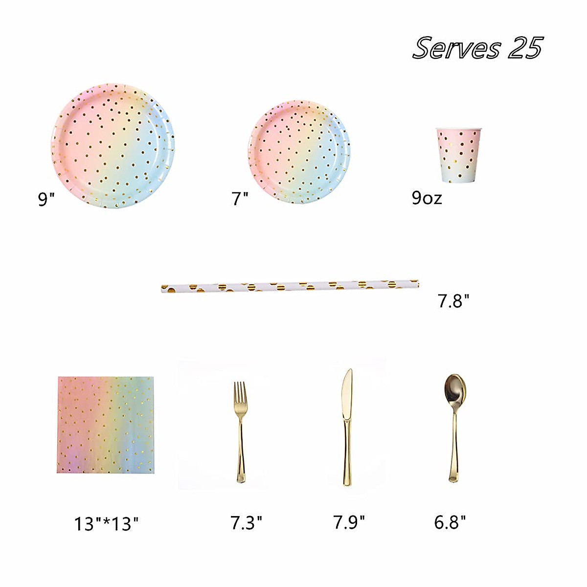 200PCS Rainbow Pastel Party Supplies Set-Disposable Paper Dinnerware Serves 25, Pastel Paper Plates Napkins Cups&Gold Plastic Silverware Sets for Wedding Birthday Baby Shower Holiday Parties(Colorful)