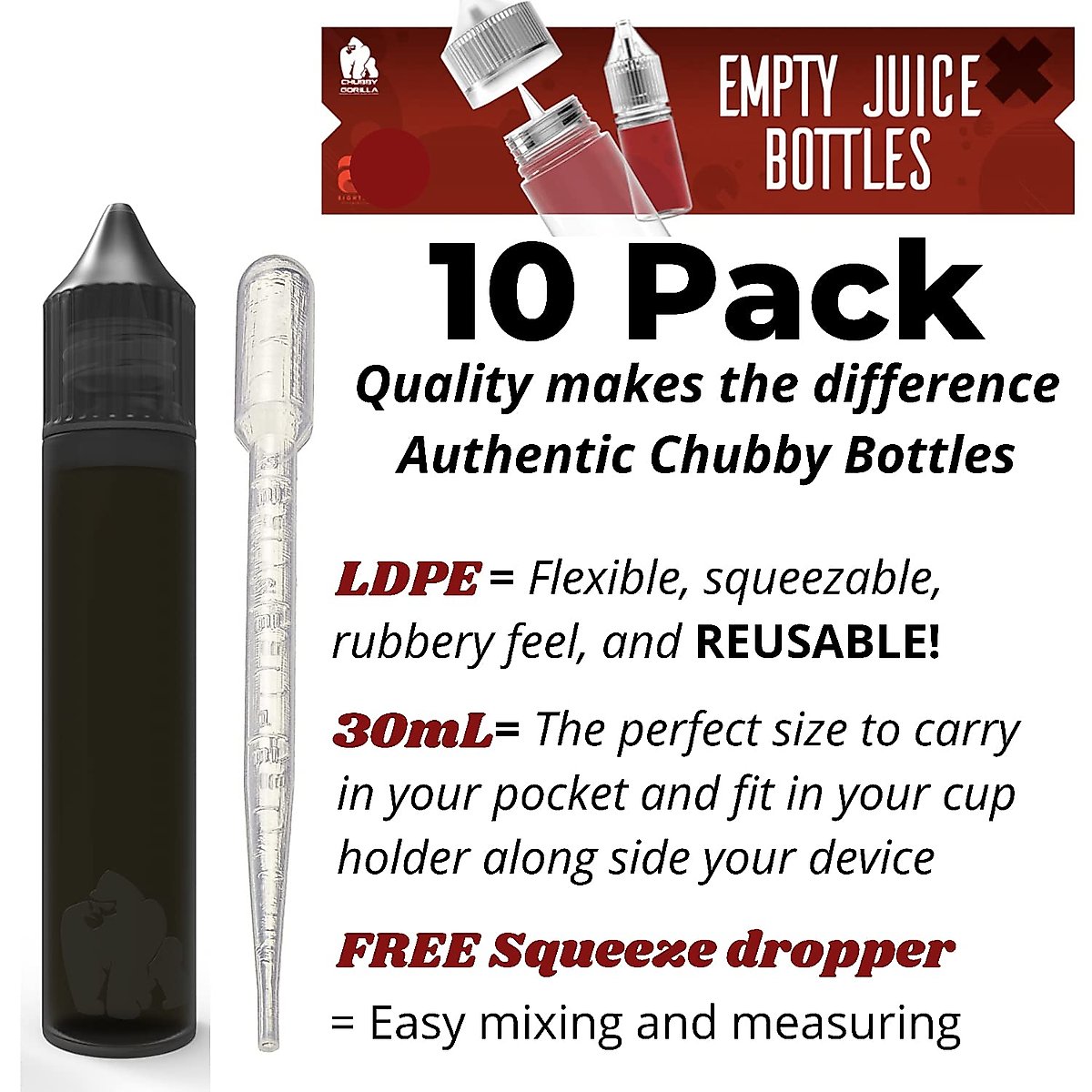 30ml Chubby Gorilla LDPE PET Plastic Unicorn Squeeze Bottle (10 Pack) Dropper bottle (Transparent Black) REUSABLE, Child Resistant Cap, Easy Drip Tip Applicator Dropper Bottles with Squeeze Dropper