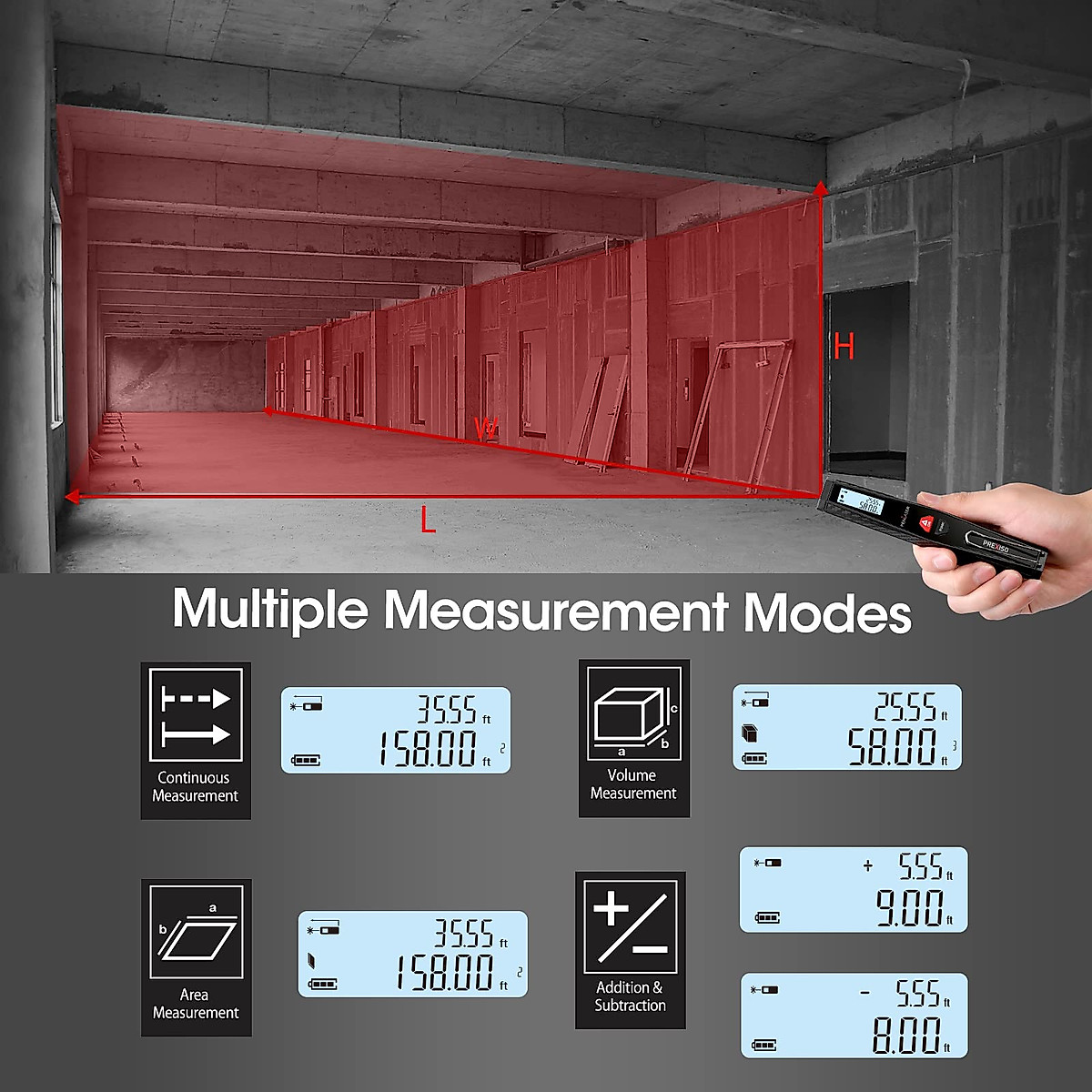 PREXISO 135Ft Mini Laser Measure Backlit Digital & PREXISO 2-in-1 Laser Level Spirit Level with LED Lights, 100Ft Point & 30Ft Line