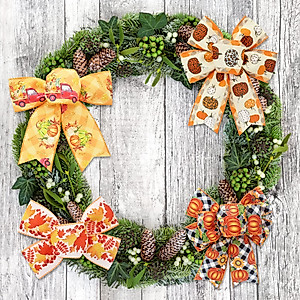 Fall Harvest Ribbon， 4 Rolls 26 Yards Thanksgiving Wired Edge Ribbons， Autumn Pumpkins Wired Edge Ribbon Fall Rustic Vintage Farm Truck Ribbon for Wreaths DIY Crafting Supplies 2.5 Inches