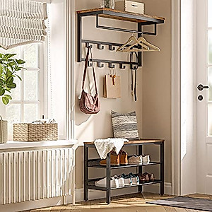 HOOBRO Shoe Bench, 3-Tier Shoe Rack, Industrial Shoe Organizer Storage Bench, 29.5 inches Flat and Slant Adjustable Mesh Shelves, for Entryway, Living Room, Hallway, Rustic Brown BF01HX01