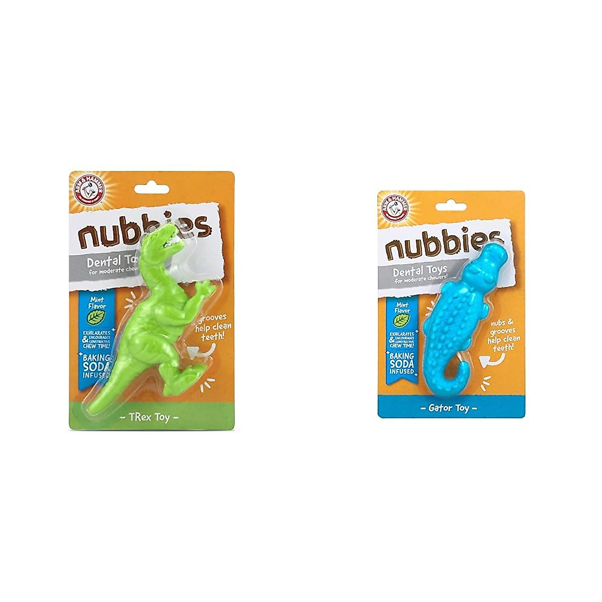 Arm & Hammer for Pets Nubbies Dental Dog Toy Bundle: Denta-Saurus T-Rex & Gator Chew Toys in Mint Flavor | Reduces Plaque & Tartar, for Tough & Moderate Chewers