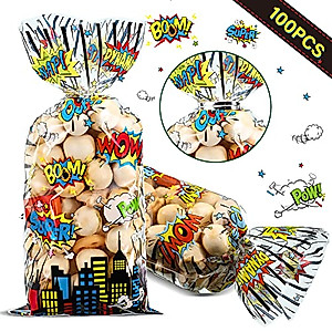 100 Pcs Hero Cellophane Treat Bags, Hero Party Gift Candy Bags, Hero Themed Goodie Favor Bags with 100 Silver Twist Ties for Gift Wrapping Children Birthday Party Baby Shower Decor (White Background)