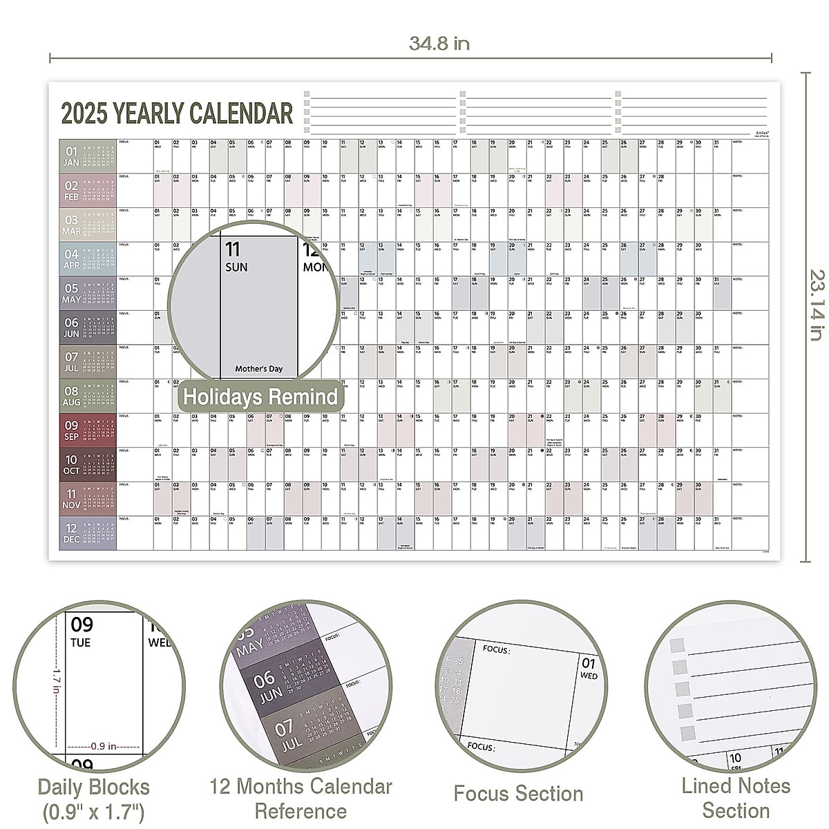 Calendar 2023-2024 - Wall Calendar 2023-2024, 12" x 17", January 2023 - June 2024, 2023 Wall Calendar with 18 Month, Thick Paper,Twin-Wire Binding + Hanging Hook + Large Blocks with Julian Dates - Black Waterink