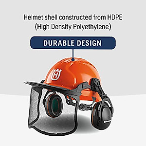 Husqvarna Chainsaw Helmet with Metal Mesh Face Shield, Adjustable Ear Muffs for Hearing Protection, and Sun Peak, HDPE Forestry Helmet Shell, Orange