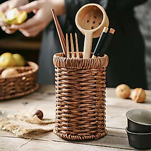 Didiseaon Silverware Utensil Holder Organizer Countertop Flatware Holder Woven Storage Basket Woven Cutlery Organizer Countertop Utensil Basket Imitation Rattan Basket Iron Chopsticks