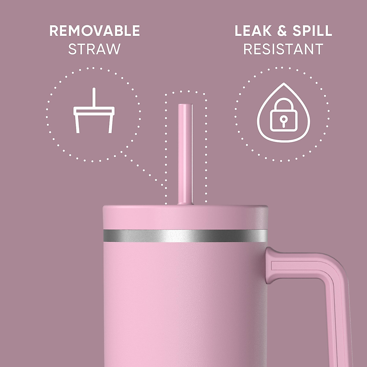 Hydrapeak Voyager 40 Oz Stainless Steel Tumbler with Handle, Insulated Water Bottle With Straw & Lid, Cupholder Friendly Reusable Travel Mug (Cotton Pink)