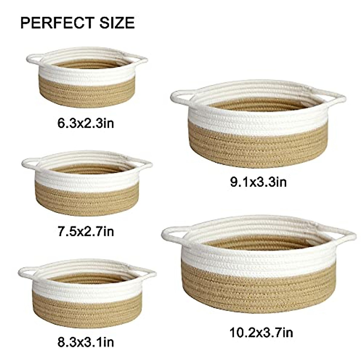Voilamart Cotton Rope Basket Set of 5,Rope Basket with Handles,Woven Storage Basket,White and Jute Decorative Toy Baskets Set for Baby toys,Makeup