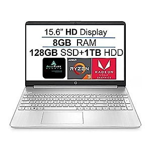 Newest HP 15 15.6" HD Display Laptop Computer, AMD Ryzen 3 3250U(up to 3.5GHz, Beat i3-8130U), 8GB DDR4 RAM, 128GB SSD+1TB HDD, WiFi, Bluetooth, HDMI, Webcam, Remote Work, Win 10 S, AllyFlex MP