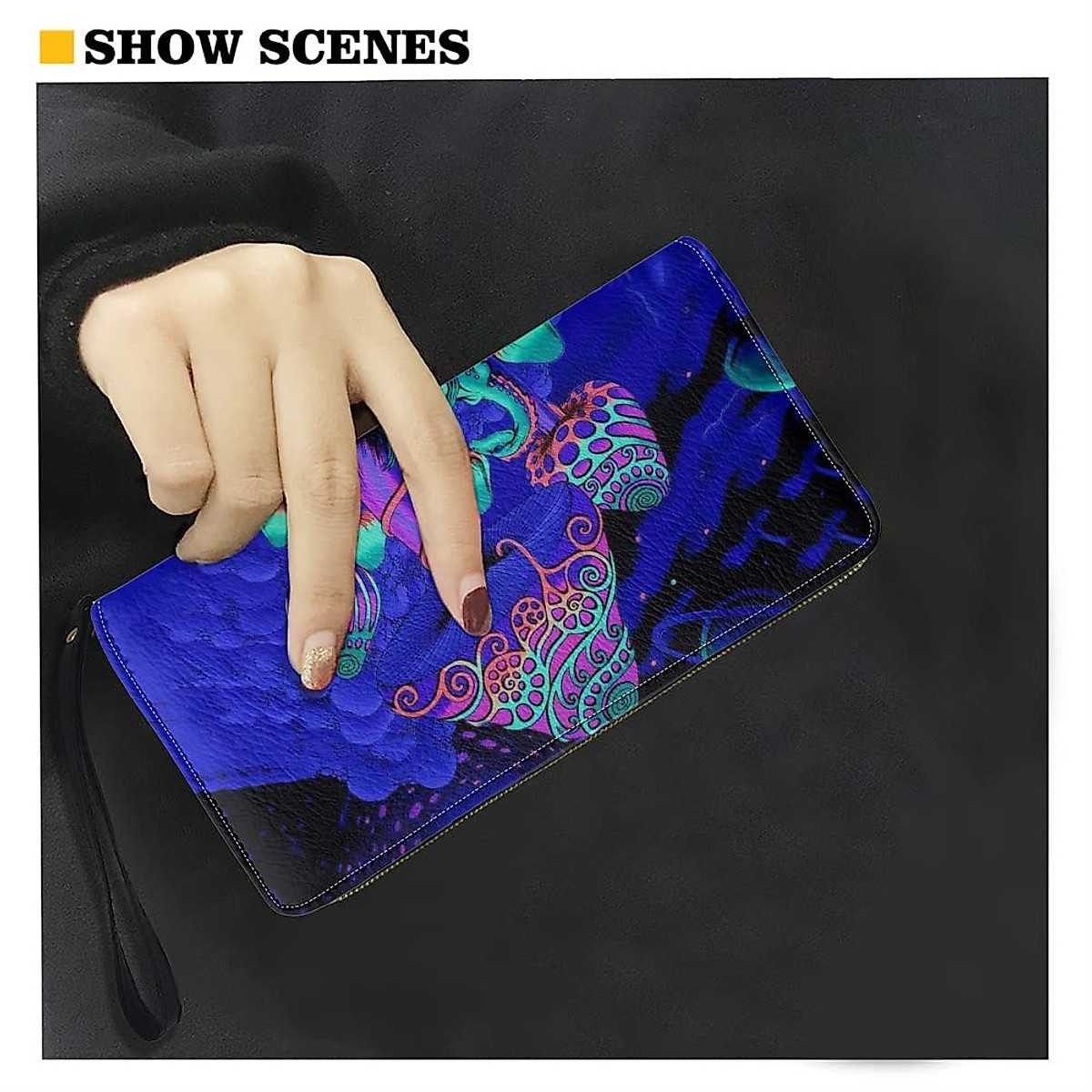 Dremagia Card Holder Clutch Leather Purse for Women, Durable Zip Around Long Wallet with Wrislet, Psychedelic Mushroom Print