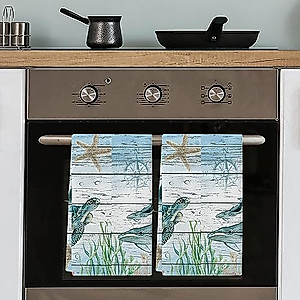 Kitchen Towels Sea Whale Starfish Absorbent Tea Towel Soft Hand Dish Towel Rustic Wood Ocean Compass Blue Reusable Washable Cleaning Cloth Bath Towels for Bathroom Bar for Everyday Cooking (Pack of 1)