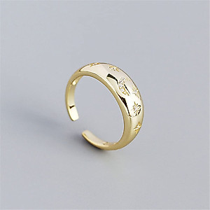 Dome CZ Star Moon 925 Sterling Silver Statement Ring for Women Girls Expandable Adjustable Chunky Wide Open Band Rings Comfort Fit Jewelry (Gold Plated)