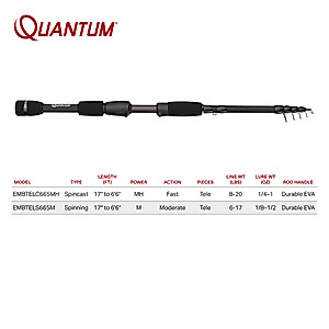 Quantum Embark Telescopic Spinning Fishing Rod, 18-Inches to 6-Foot 6-Inch Telescopic Fishing Pole, IM6 Graphite Fishing Pole, Moderate Action, Medium Power, Split-Grip EVA Handle, Black