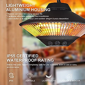 Festa Essential IP55 1500W Electric Hanging Patio Heater for Outdoors w/Infrared Carbon Tubes, LED Light, Tilt Switch and Pole Mounting Hole - Black