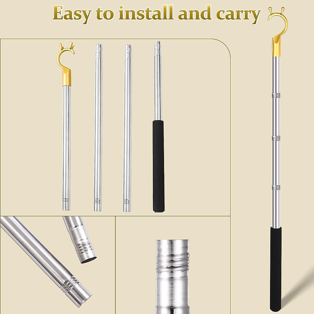 Cagaloi clothes hook pole，56inch adjustable extension pole.High Reach Garment Hook for Hanging Clothes Light and Plants Made of stainless steel, the pole is strong yet lightweight with a sponge handle