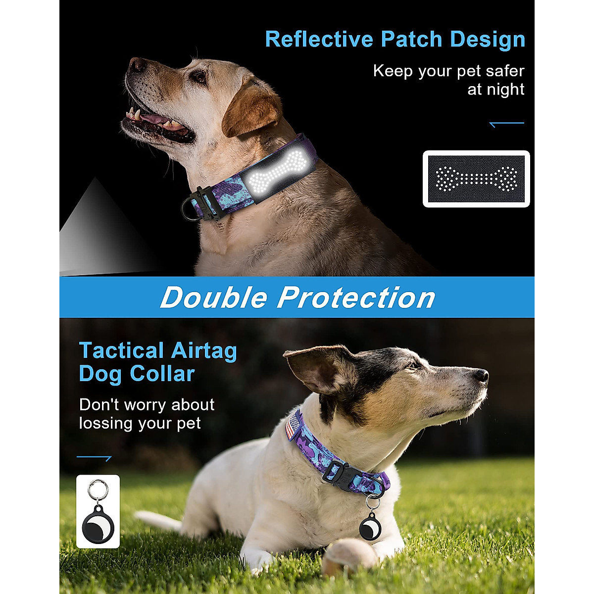 Hotsky Tactical Dog Collar and Leash Set, Heavy Duty Military Airtag Dog Collar with Handle and Metal Buckle for Training and Walking, with Airtag Holder and Two Patches(Purple Camo, L)