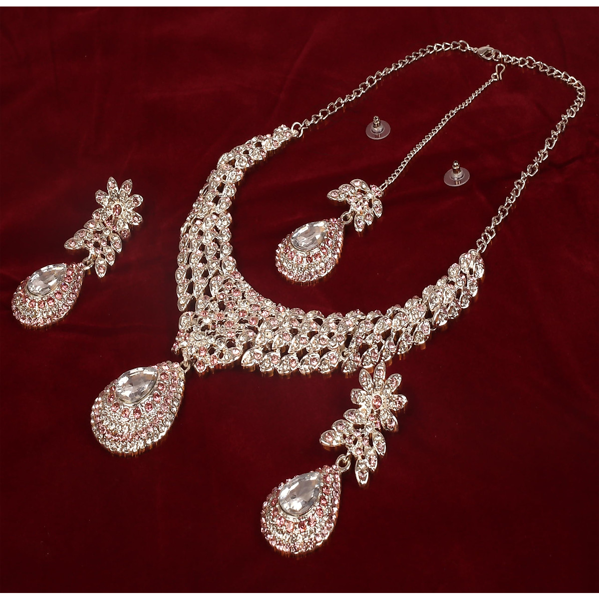 Touchstone Indian wedding jewelry sets for women necklace bollywood jewellery set pink and silver desi bridal designer necklaces earrings artificial joyeria rhinestone crystal fancy in white tone