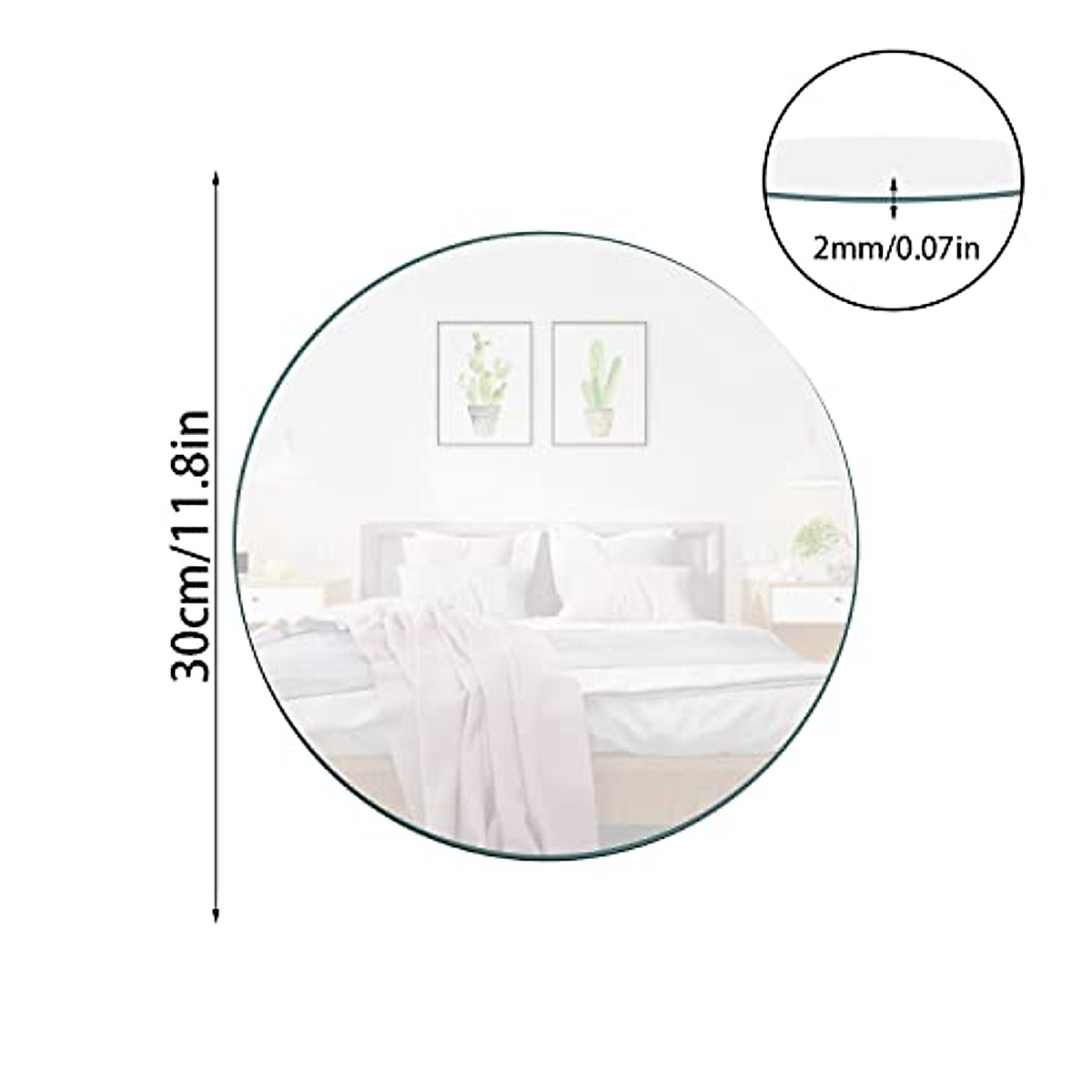 QEEYON 12'' Round Self Adhesive Circle Glass Mirror HD Large Makeup Mirror Frameless Decoration Wall Mirror for Bathroom, Bedroom, Living Room, Door etc