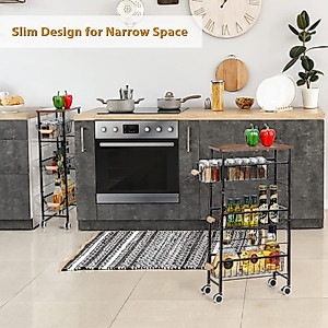 4-Tier Slim Storage Cart, Kitchen Rolling Utility Cart Bathroom Organizer Laundry Room Organization Mobile Shelving Unit with Slide-Out Metal Wire Baskets, Wooden Tabletop & Wheels for Narrow Space