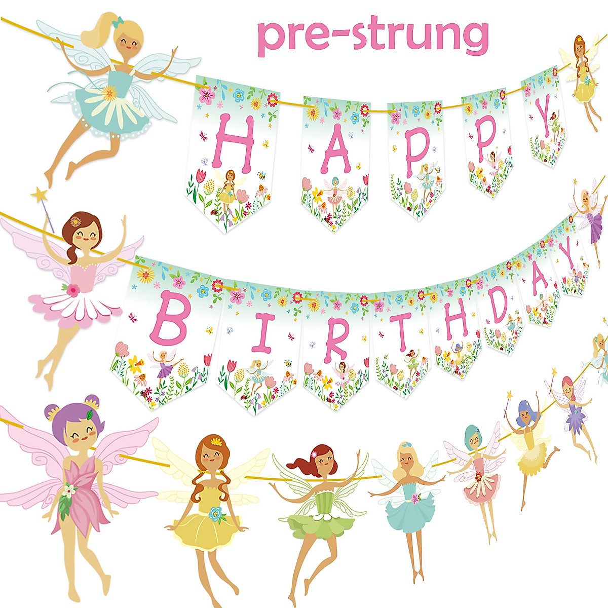 22Pcs Flower Fairy Birthday Decorations Garden Fairy Hanging Swirls Happy Birthday Banner Magical Fairy Cake Topper for Girls Birthday Party Baby Shower Decor