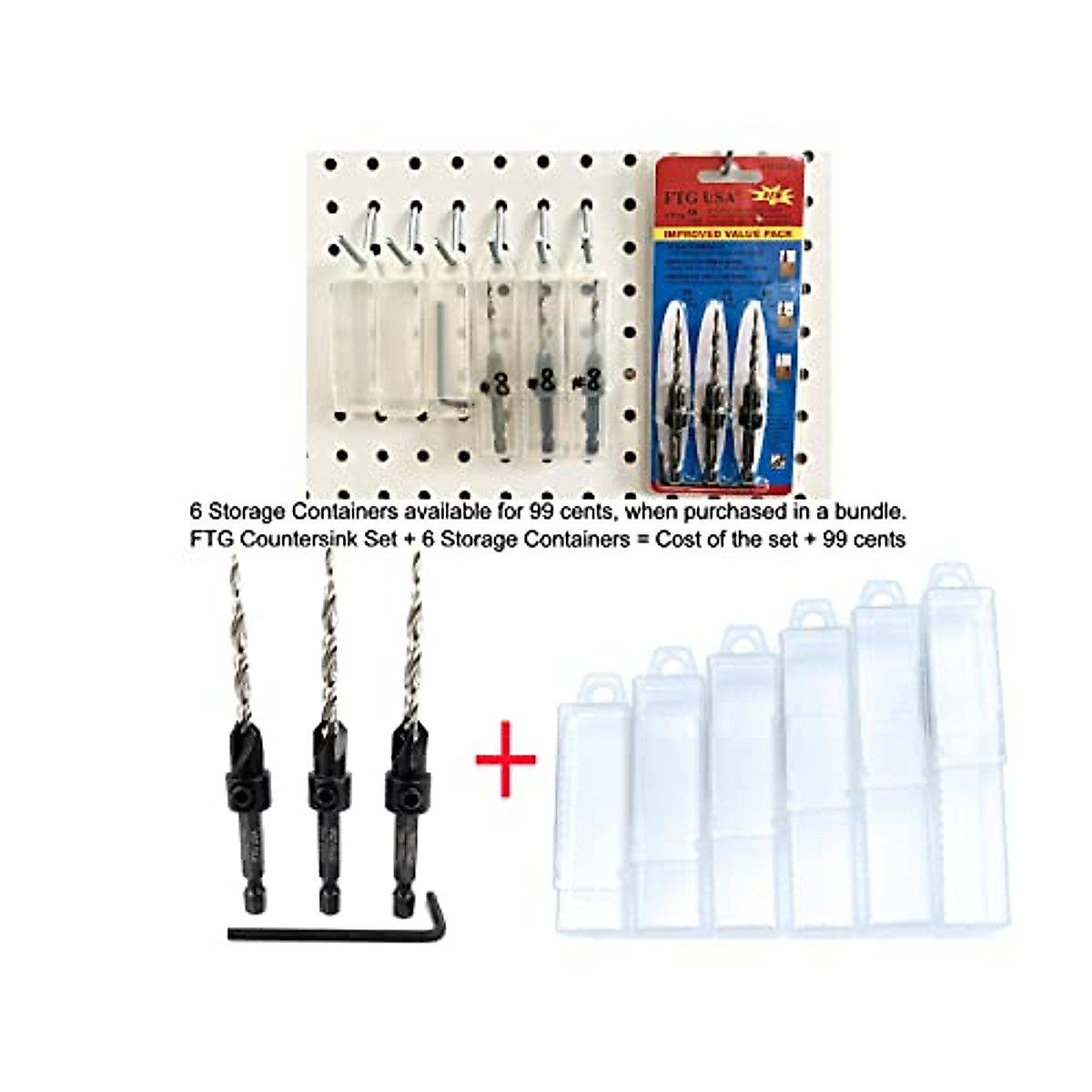 FTG USA Countersink Drill Bit Set 3 Pc #8 (11/64") Countersink Drill Bit with Tapered Drill Bits, Quick Change Hex Shank Countersink Bit, 1 Hex Wrench, Counter Sinker Drill Bit Set for Woodworking