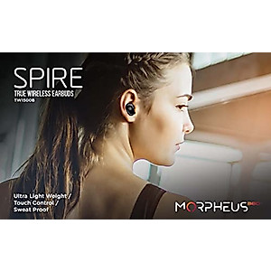 Morpheus 360 Spire True Wireless Earbuds TW1500B (Black), Noise Isolation Touch Control Light-Weight Mini Sweat Proof Waterproof Earbuds with Deep Bass