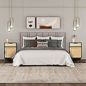 DOALBUN OKL Tall Nightstand Set of 2,Rattan End Table with Drawer and Decorated Doors,Side Table Solid Wood Accent Bedside Table with Storage for Living Room,Bedroom (Black)