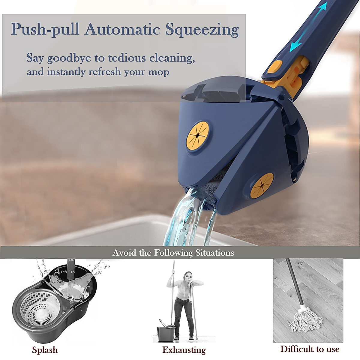 360° Rotatable Adjustable Cleaning Mop, Triangle Microfiber Mop with Long Handle, 6 Replaceable Reusable Washable Mop Pads, mops for Floor/Ceiling/Corner/Glass Cleaning