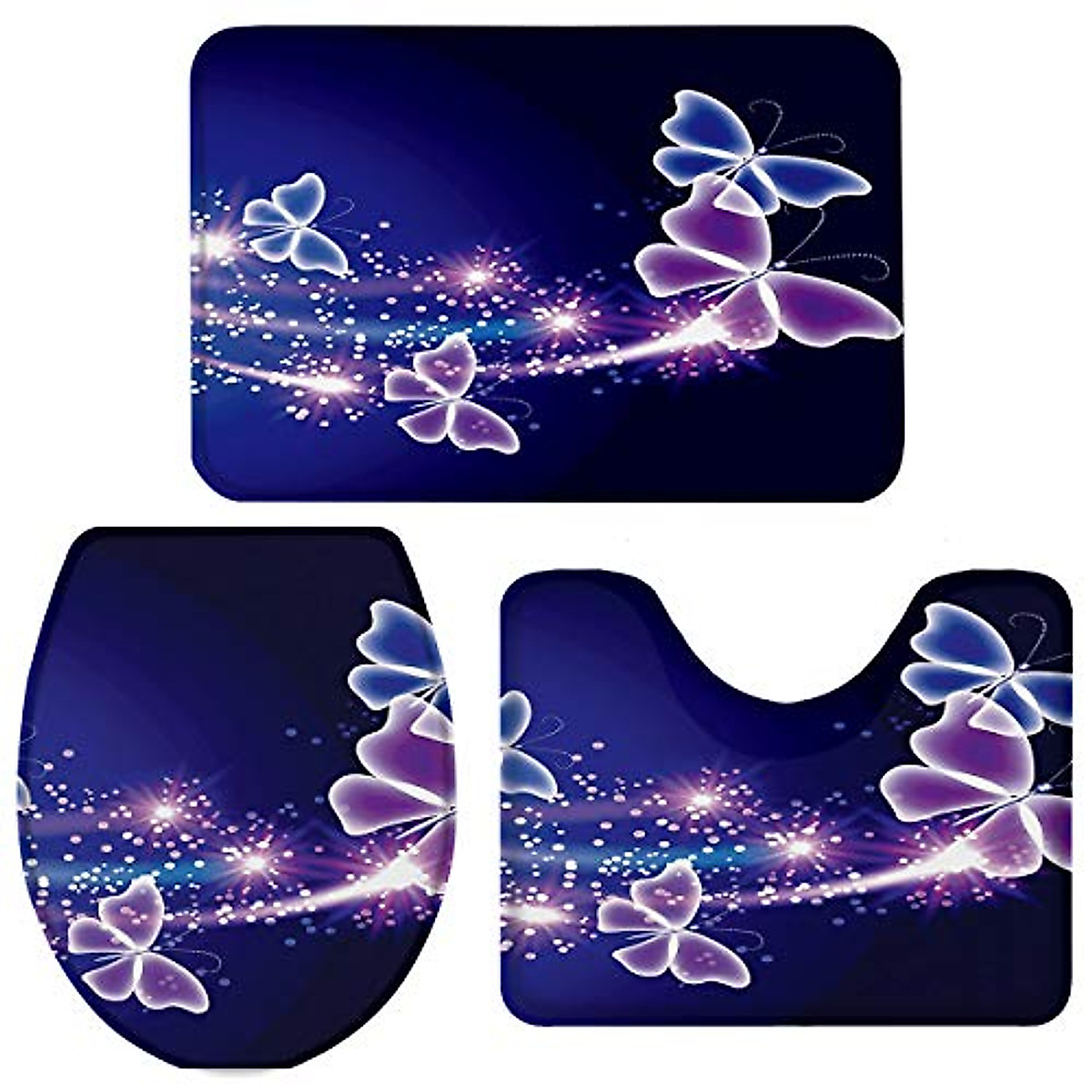Libaoge Bathroom Mat Sets 3 Piece/Set Rugs Purple Dreamlike Bath Mat, Gorgeous Butterfly Flying Memory Foam Mat Set Matches Anti-Skid Toilet Seat Cover Bath Mat Lid Cover 18"x30"+14"x18"+15"x18"