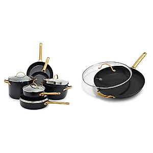 GreenPan Reserve Hard Anodized Healthy Ceramic Nonstick 10 Piece Cookware Pots and Pans Set,Black & Reserve Hard Anodized Healthy Ceramic Nonstick 12" Frying Pan Skillet with Helper Handle,Black