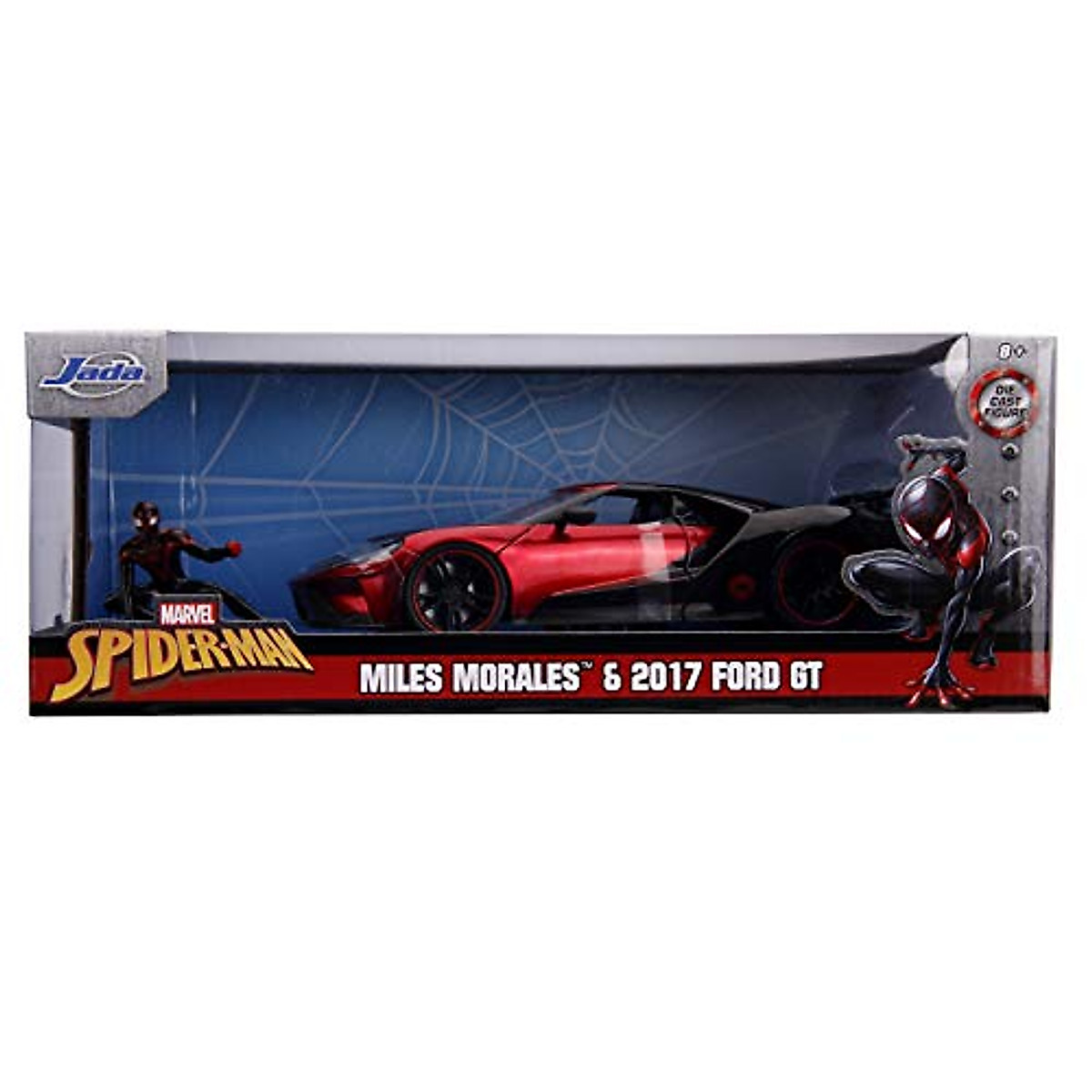 Jada Toys Marvel 1:24 2017 Ford GT Die-cast Car with 2.75" Miles Morales Spider-Man Figure, Toys for Kids and Adults Black and Red
