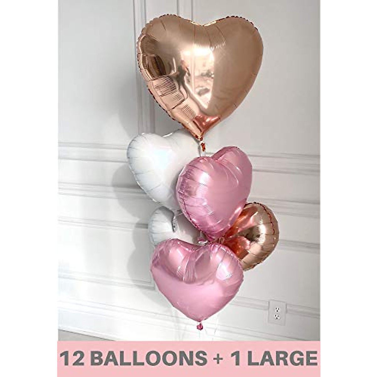 Pastel Heart Balloons 12 PACK Pink Valentines Day Heart Shaped Decorations Rose Gold Mylar Foil Balloon Set