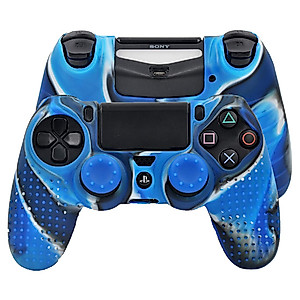 SKINOWN Silicone Case Anti-Slip Protective Grip Cover for PS4 Controller with 4 Thumb Grips(Blue Camo)