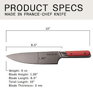Made In Cookware - 8" Chef Knife - Crafted in France - Full Tang With Pomme Red Handle