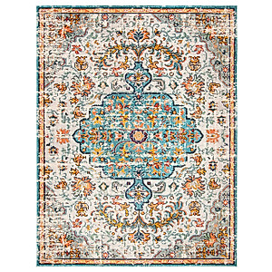 SAFAVIEH Madison Collection Area Rug - 8' x 10', Grey & Light Blue, Boho Chic Medallion Distressed Design, Non-Shedding & Easy Care, Ideal for High Traffic Areas in Living Room, Bedroom (MAD447F)
