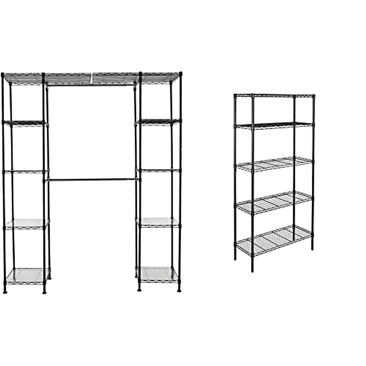 AmazonBasics Expandable Metal Hanging Rack Wardrobe with Shelves, Black & 5-Shelf Adjustable, Heavy Duty Storage Shelving Unit (350 lbs per shelf), Steel Organizer Wire Rack, Black,(36L x 14W x 72H)