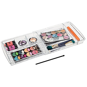 mDesign Expandable Makeup Organizer for Bathroom Drawers, Vanities, Countertops: Organize Makeup Brushes, Eyeshadow Palettes, Lipstick, Lip Gloss, Blush, Concealer - Adjustable Width - Clear