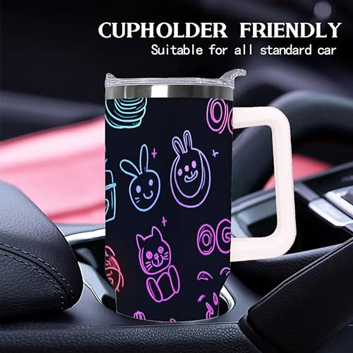 FOCIUZTA 40oz Playful Doodle Art Tumbler with lid, Travel Coffee Cup, Ideal for Easter, Gaming Enthusiast, Mother Day, and birthday gifts
