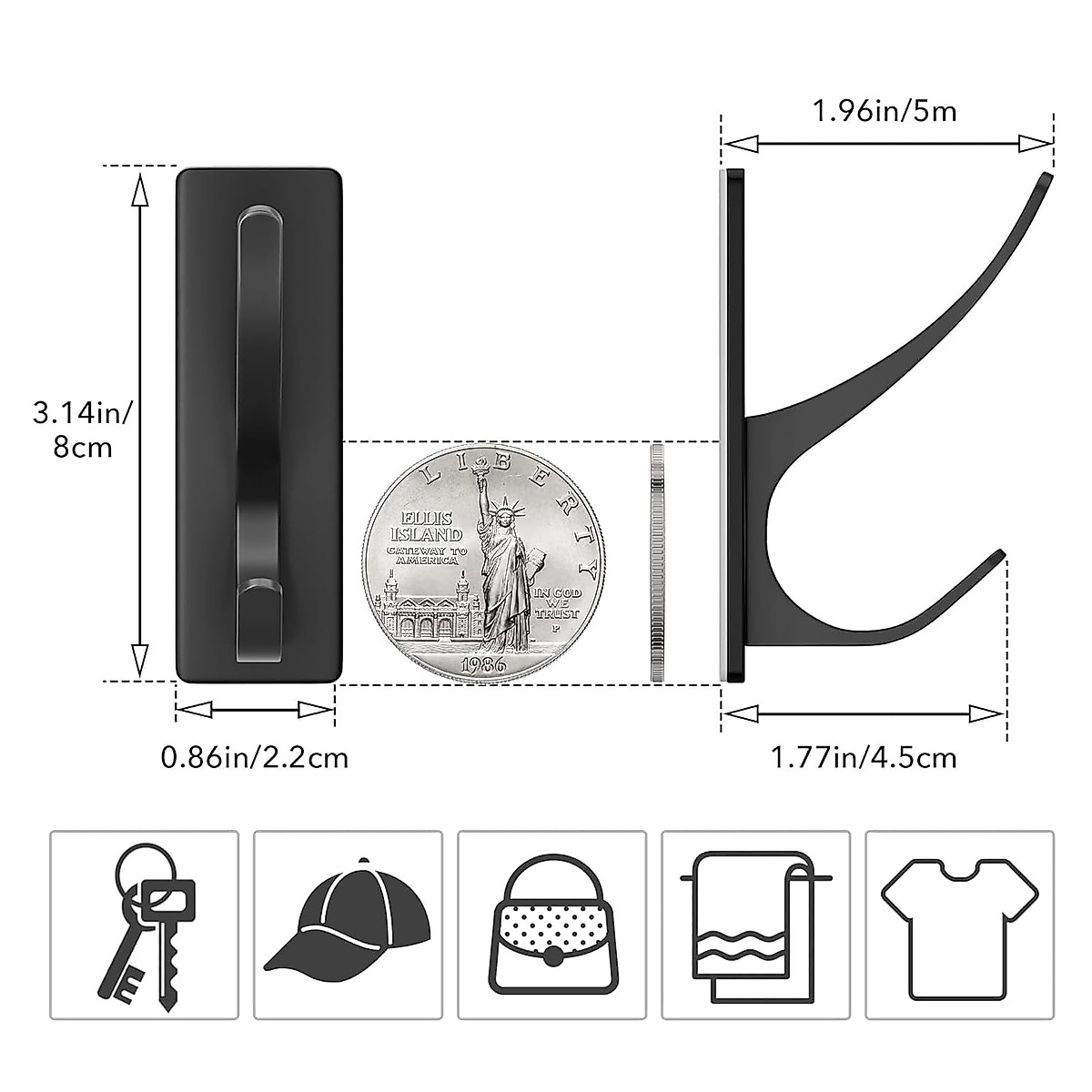 Self Adhesive Coat Hooks for Hanging: Heavy Duty Stainless Wall Hook for Towel, Backpack, Hat, Sturdy Metal Hanger for Bathroom, Bedroom, Door, 4-Pack, Matt Black