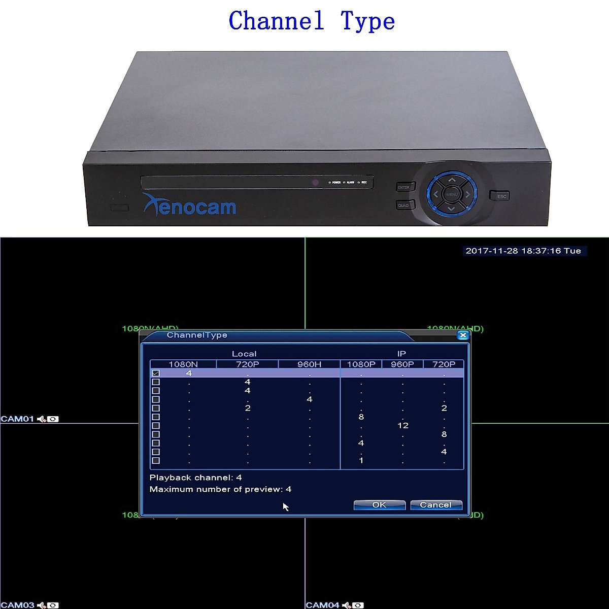 Xenocam 4CH 1080N Hybrid 5-in-1 AHD DVR (1080P NVR+1080N AHD+960H Analog+TVI+CVI) Standalone DVR CCTV Surveillance Security System Video Recorder Motion Detection， Hard Drive not Included