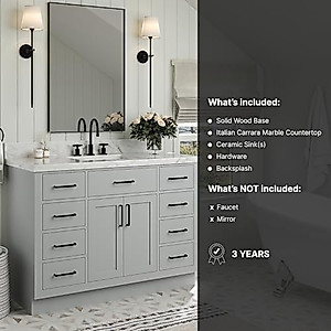 ARIEL Bathroom Vanity 49" Grey 1.5" Edge Italian Carrara Marble Countertop & Splash, Rectangular Sink, 2 Soft Closing Doors, 9 Full Extension Dovetail Drawers, Toe Kick, Matte Black