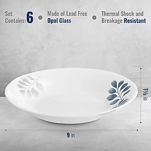 Bormioli Rocco Set Of 6, White Moon Botanica Blue 9 Inch Pasta Bowls Tempered Opal Glass Dishes, Dishwasher & Microwave Safe, Made In Spain.