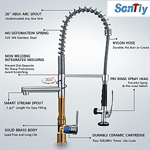 Commercial Kitchen Faucet with Pull Down Sprayer and Kitchen Soap Dispenser, Brass High Arc Pre-Rinse Tall Modern Single Handle Spring Kitchen Sink Faucet with Pull Out Spray, Chrome