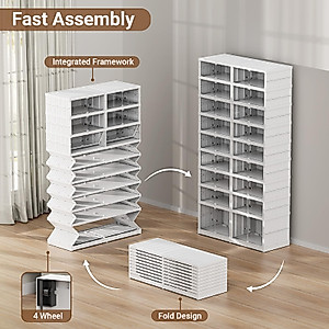 BROVIEW 9 Tier 36Pairs Plastic Shoe Storage Organizer Boxes, Large Collapsible Stackable Shoe Rack for Closet Entryway, Folding Shoe Storage Cabinet Container Sneaker Bin with Clear Doors, White