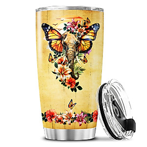 HUBUPU Elephant Gifts, Flower Butterfly Floral, Tumbler 20 Oz With Lid And Straw, Elephant Inspiring