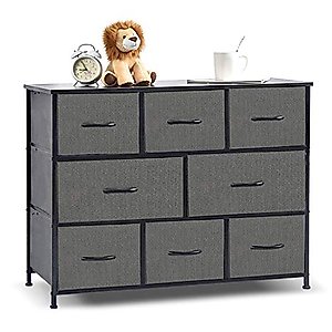 Deep Grey Fabric Dresser Storage Organizer 8-Drawer Closet Shelves, Dressers Storage Chest for Bedroom, Living Room, Hallway & Nursery with Easy Pull Fabric Bins Wood Top