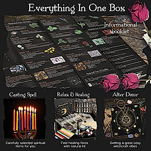 Witchcraft Supplies Kit, 60 PCS Wiccan Supplies and Tools, Include Dried Herb, Crystal Jars, Colored Candles, Witch Bell, Parchment, Witchy Gifts, Witch Starter Kit Altar Supplies Pagan Decor Rituals