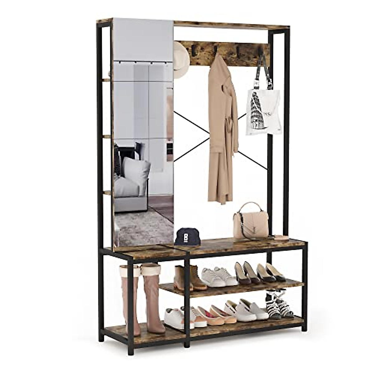 PAKASEPT Hall Tree with Mirror, Freestanding Closet Organizer, Garment Rack with Mirror, Heavy Duty Garment Rack Hanging Clothing Wardrobe Storage Closet for Bedroom